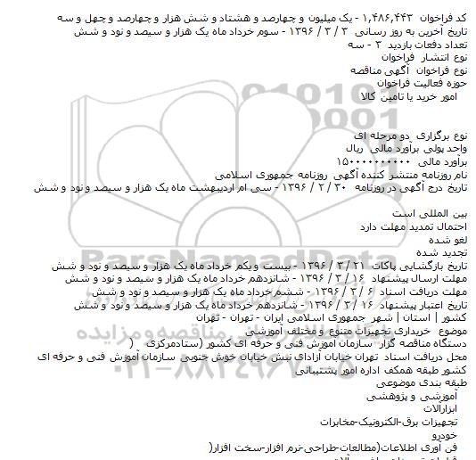 فراخوان مناقصه خریداری تجهیزات متنوع و مختلف آموزشی آگهی شماره 855756